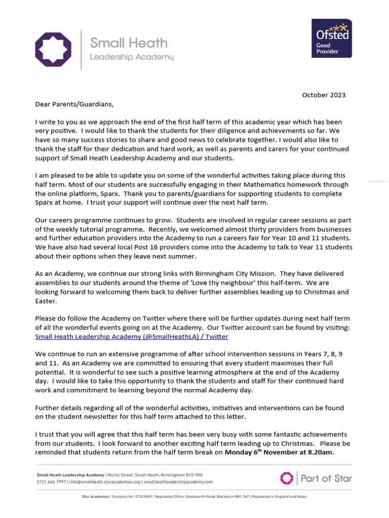 End of Half Term Letter October 2023 | PDF | Academic Term