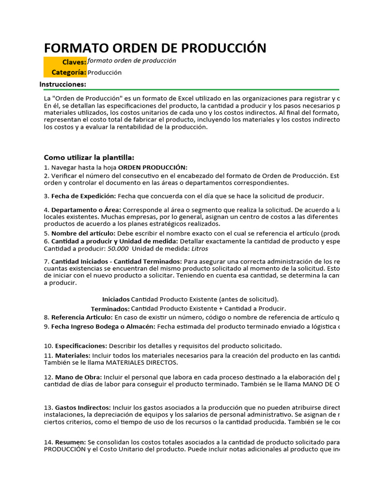 Formato Orden de Producción | Descargar gratis PDF | Costo | Microsoft Excel