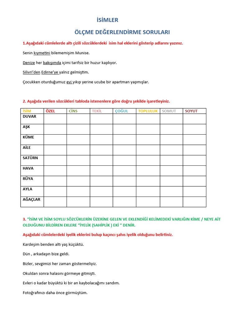9.sinif Turkce Isimler Test Sorulari Ve Cevaplari | PDF