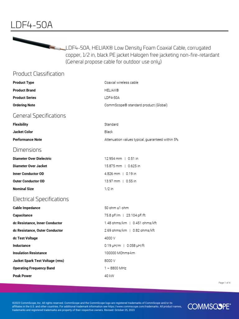 LDF4-50A Product Specifications | PDF | Coaxial Cable | Physical Quantities