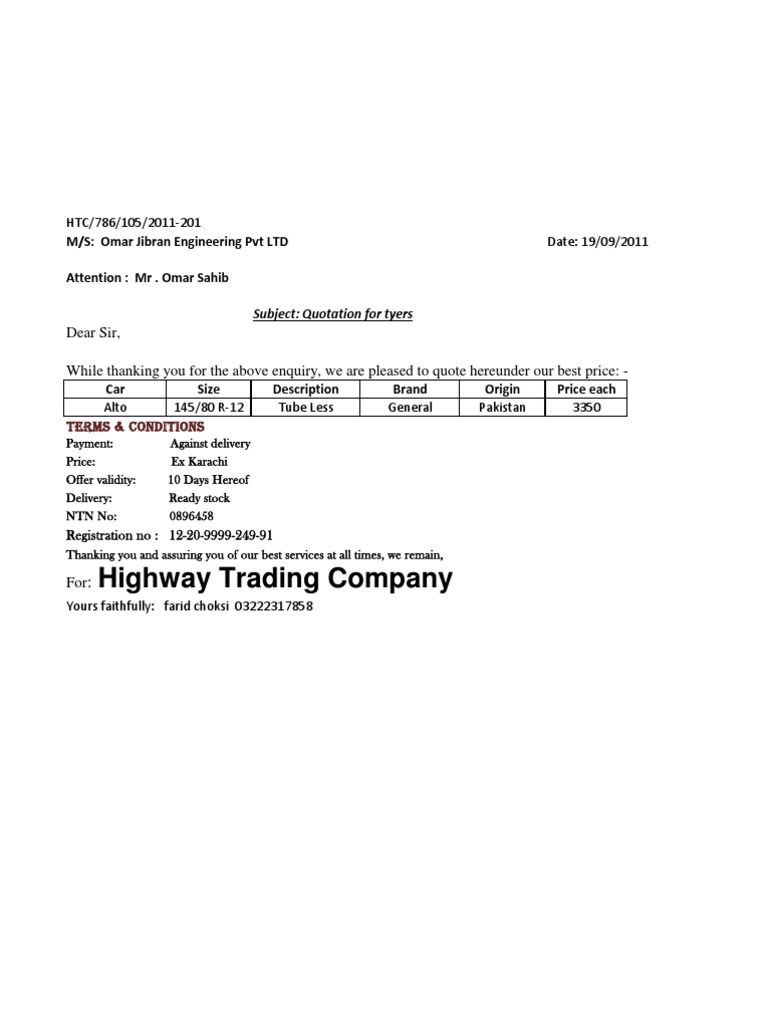 Tyre Quotation from Highway Trading Company | PDF | Business