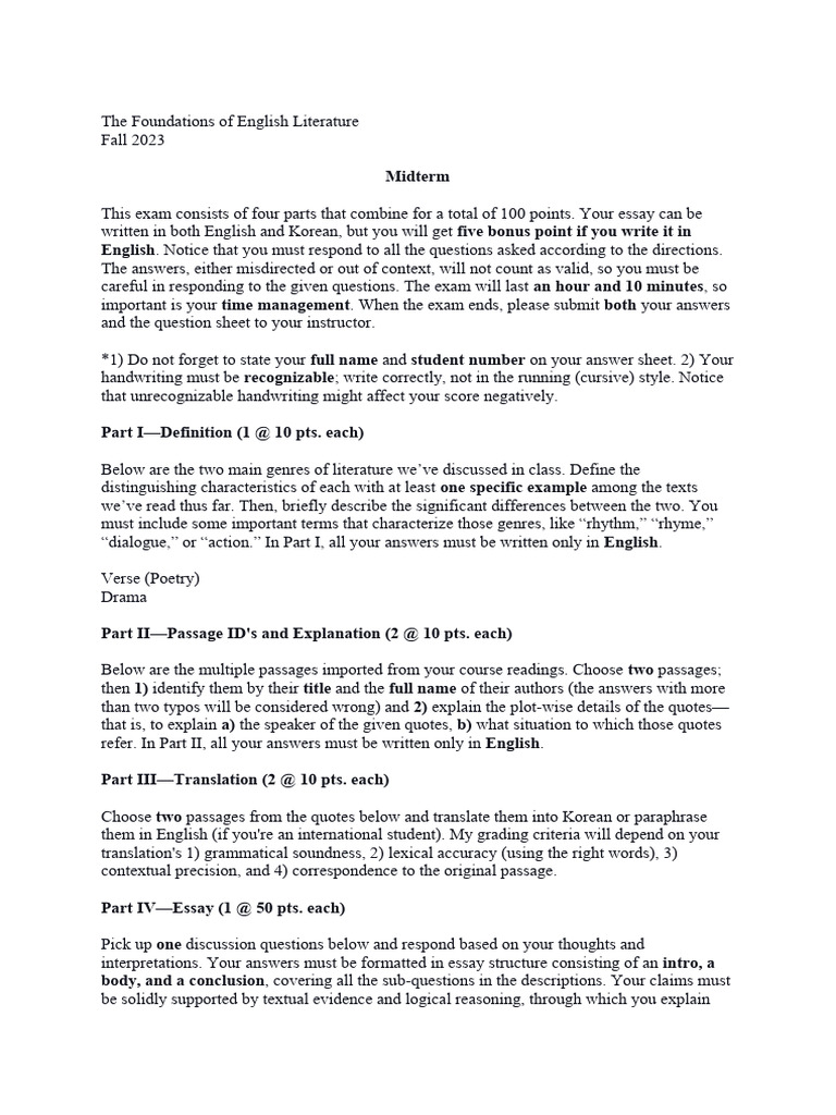 English Literature Midterm Exam Guide | PDF | Poetry | Genre