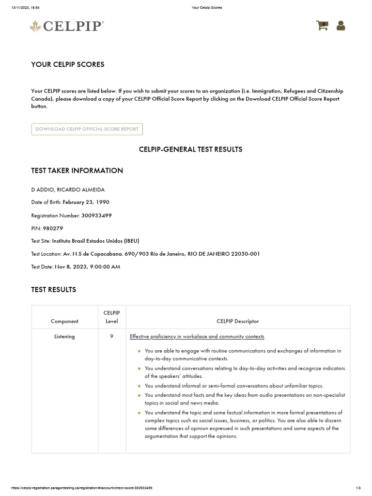 Your Celpip Scores | PDF | Vocabulary | Information