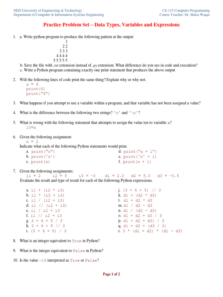 Practice Problem Set - Data Types, Variables & Expressions | PDF ... Practice Problem Set - Data Types, Variables & Expressions | PDF ...