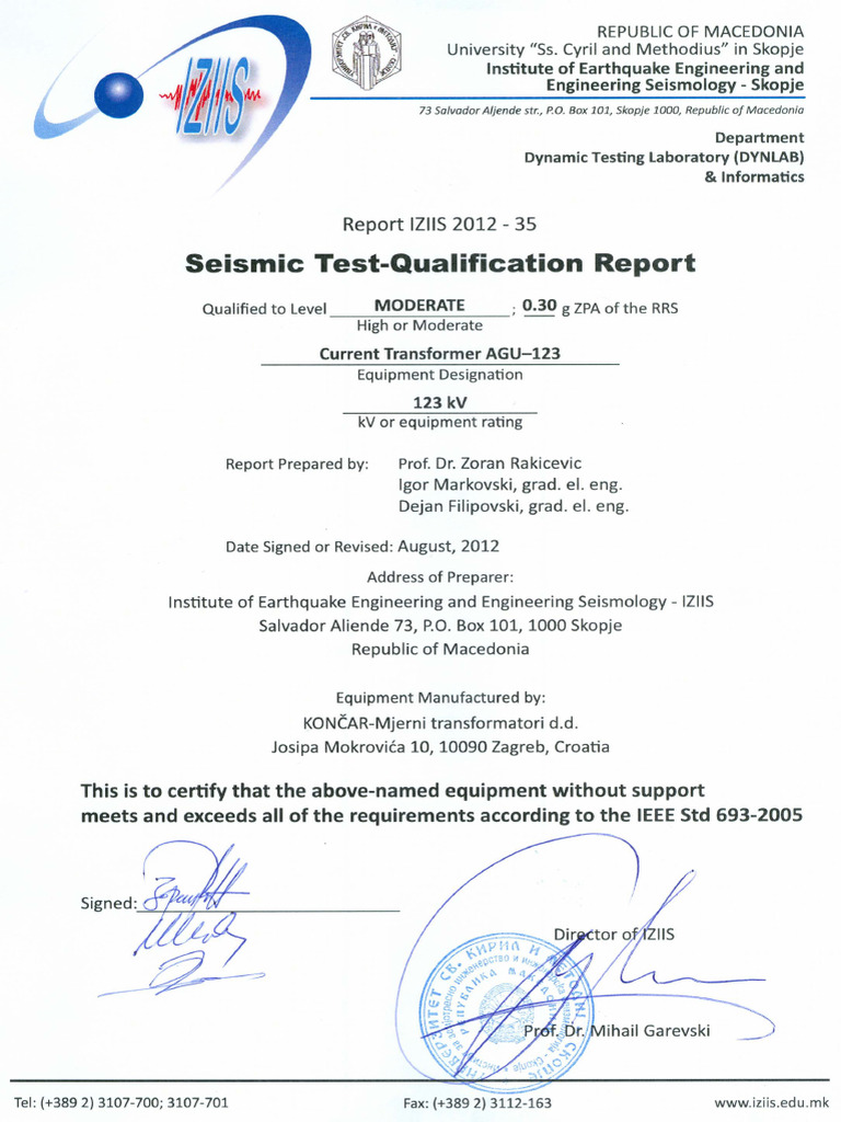 Seismic Qualification Report for AGU-123 | PDF | Insulator (Electricity) | Transformer