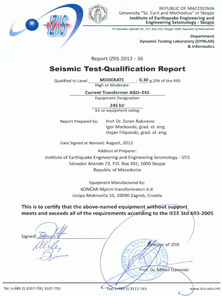 Seismic Qualification Report for AGU-245 | PDF | Insulator (Electricity ...