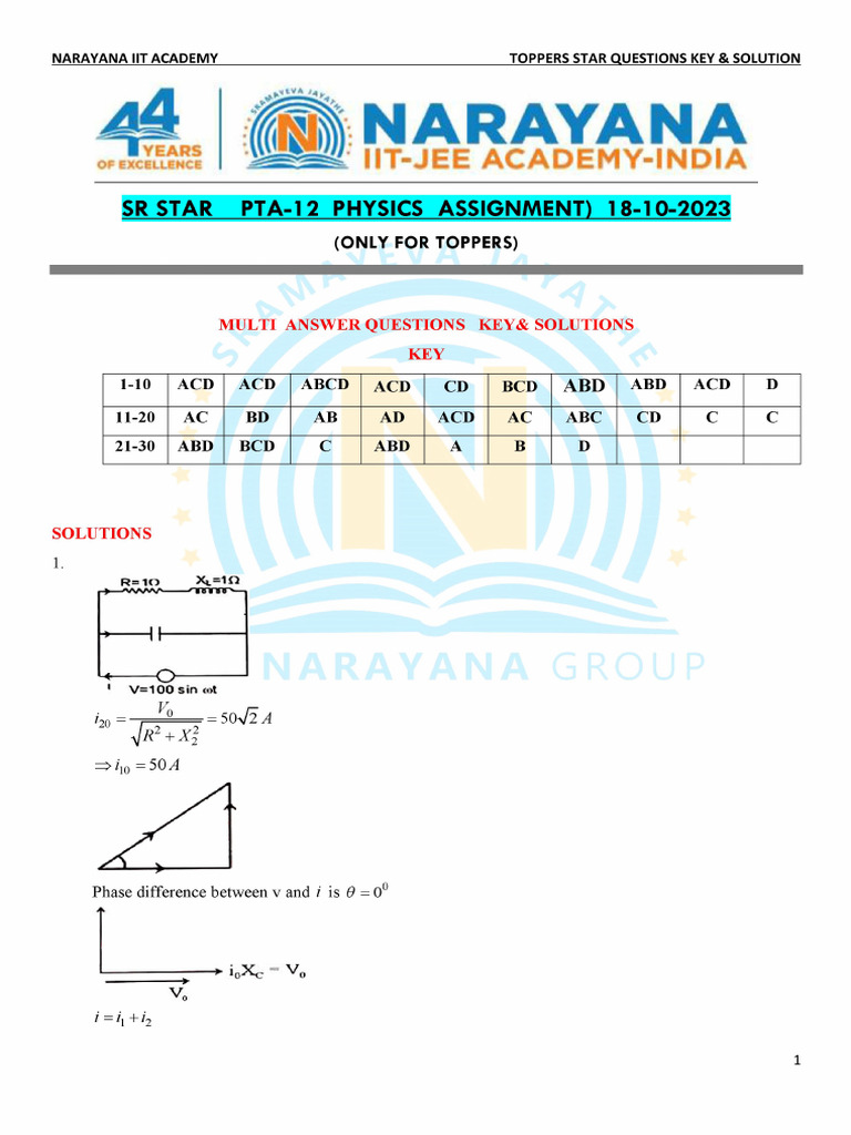 SR STAR _ PTA-12_PHYSICS ASSIGNMENT(ONLY FOR TOPPERS)KEY_18-10-2023 | PDF