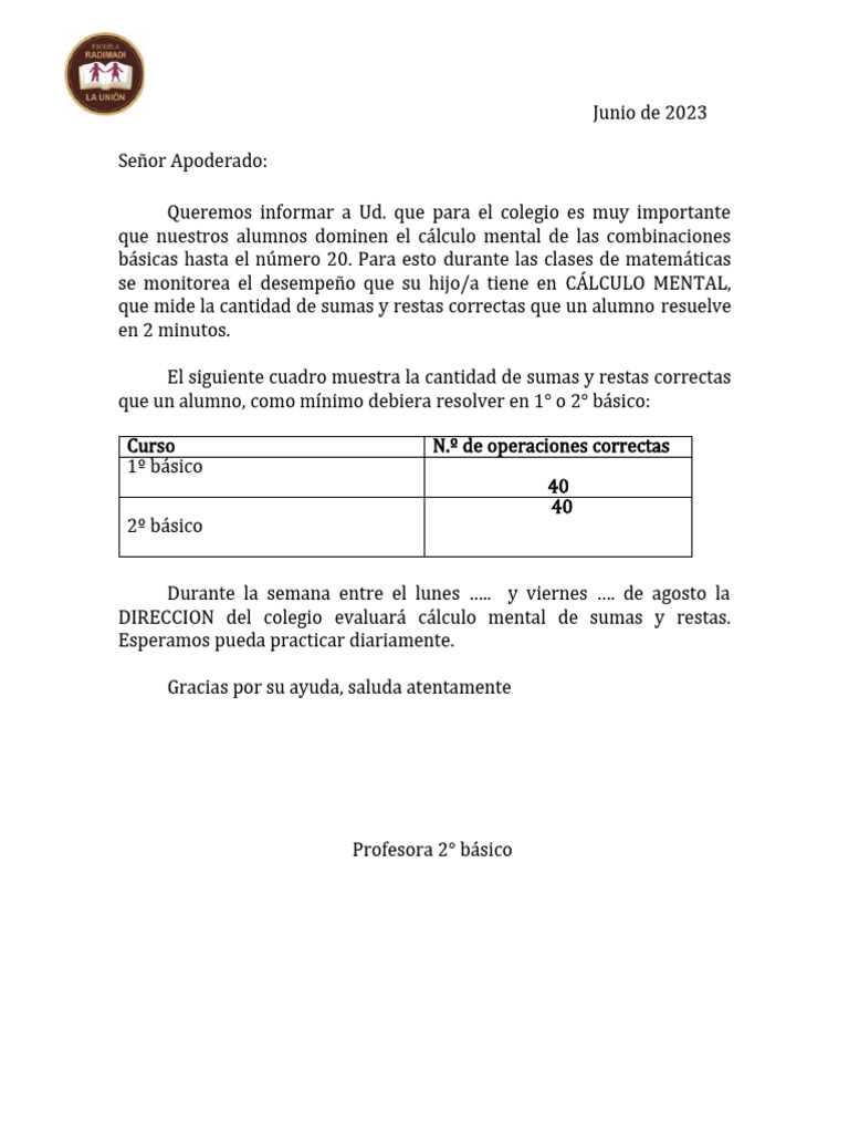 Comunicacion Apoderados Sobre Resultados Calculo Mental 1 | PDF