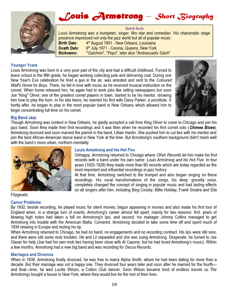Louis Armstrong Jazz Starshort Biography Quiz 4 Pa Activities With ...