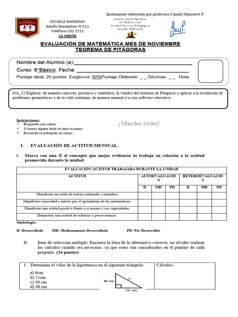 Evaluación Teorema de Pitágoras 8° Básico | PDF | Matemáticas