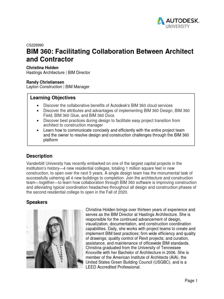 Class Handout CS226990 BIM 360 Facilitating Collaboration Between Architect and Contractor ...