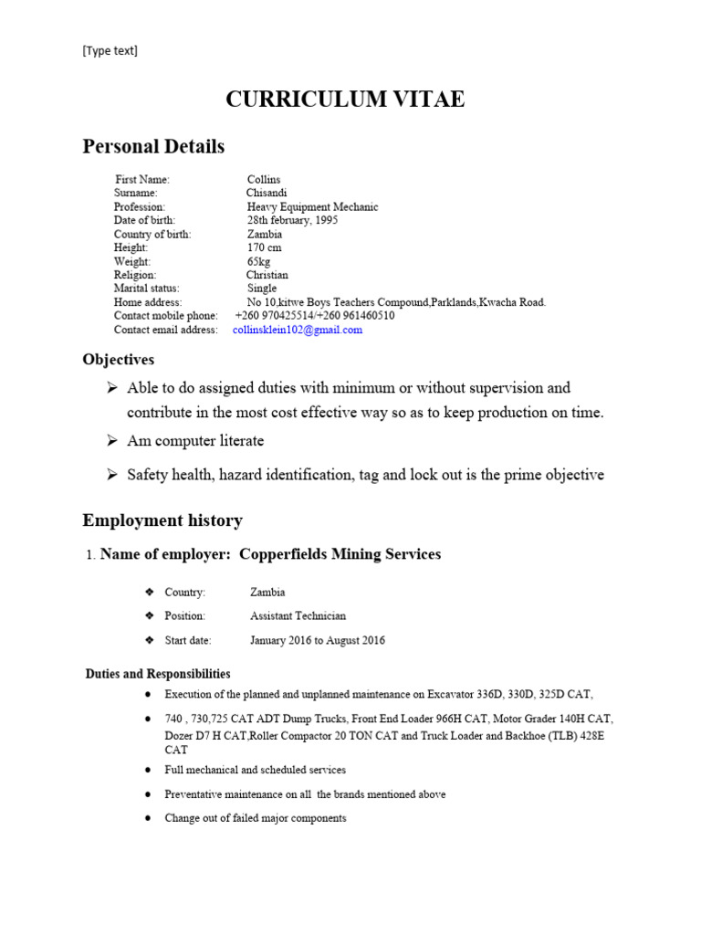 Collins Curriculum Vitae | PDF | Loader (Equipment) | Truck