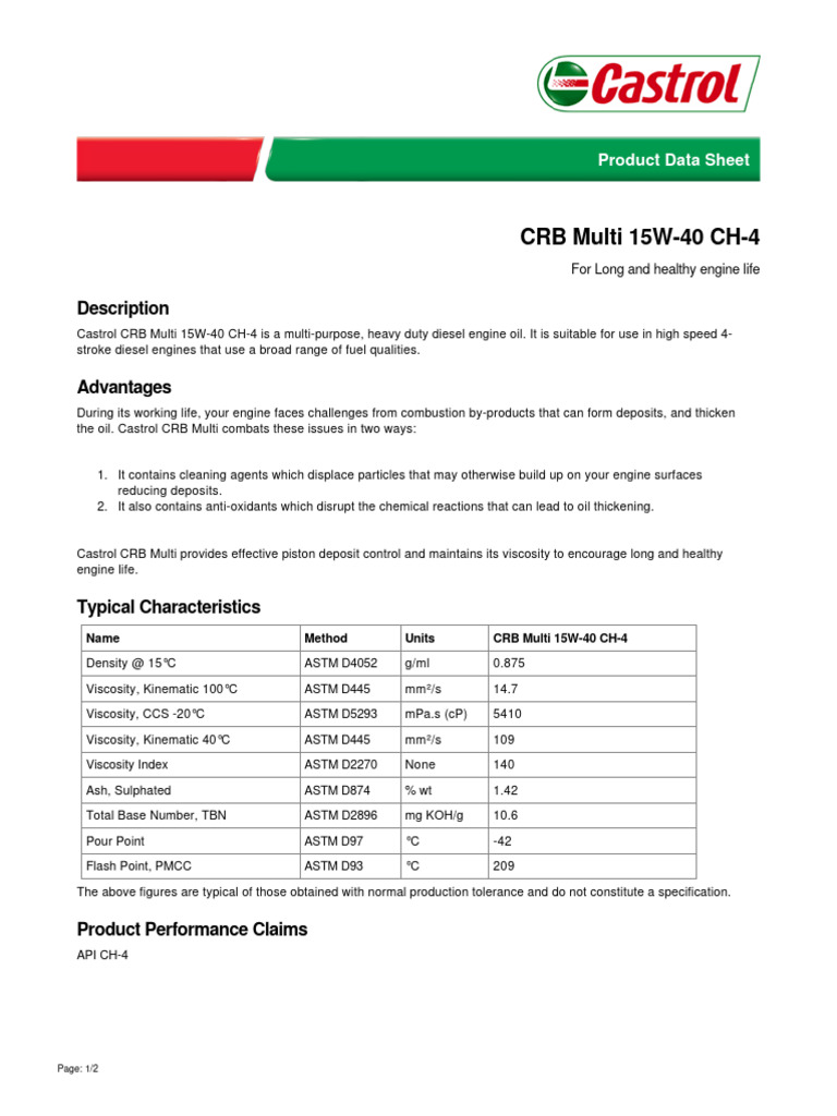 Castrol CRB Multi 15W40 CH-4 EN | PDF | Motor Oil