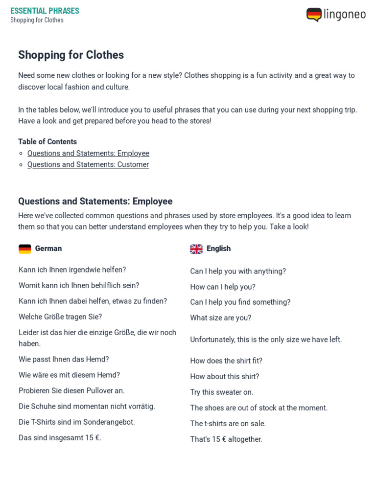 Shopping For Clothes - Phrases Full Article | PDF | Clothing | Fashion