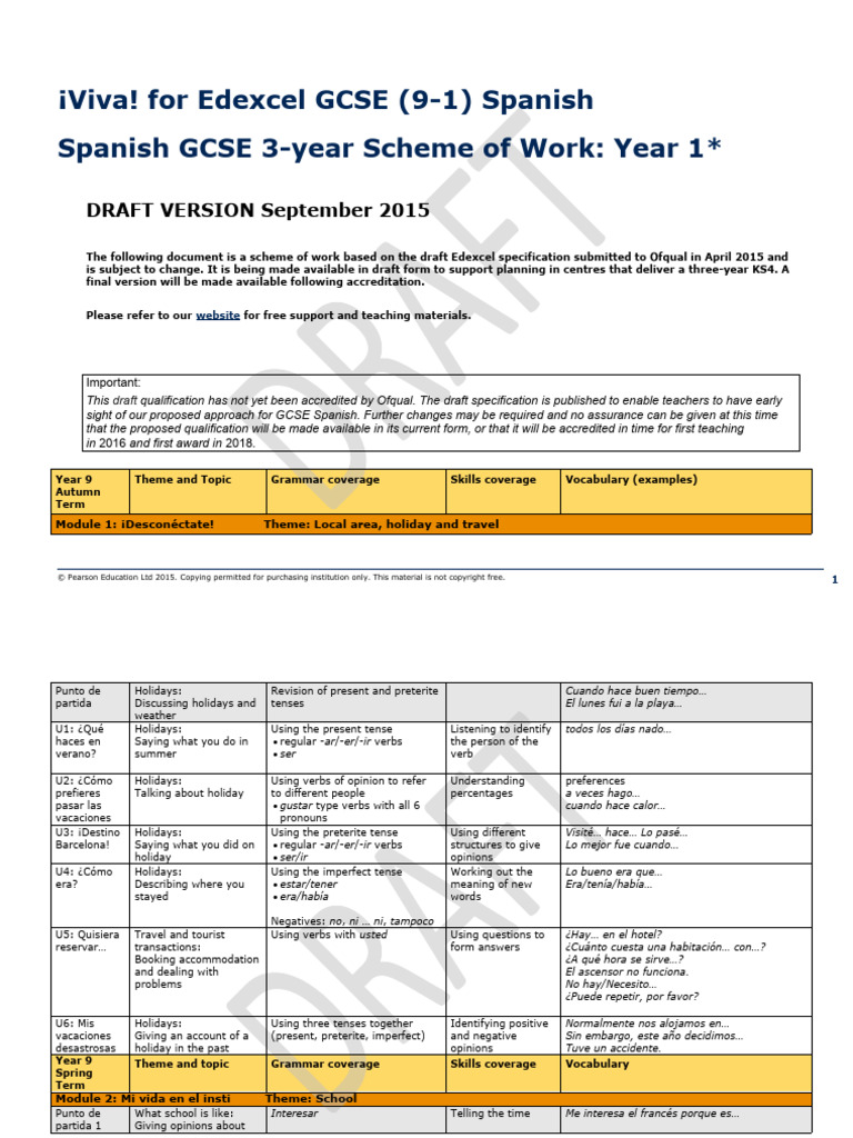 Viva for GCSE Spanish Scheme of Work 3 Year Detailed Edexcel | PDF ...