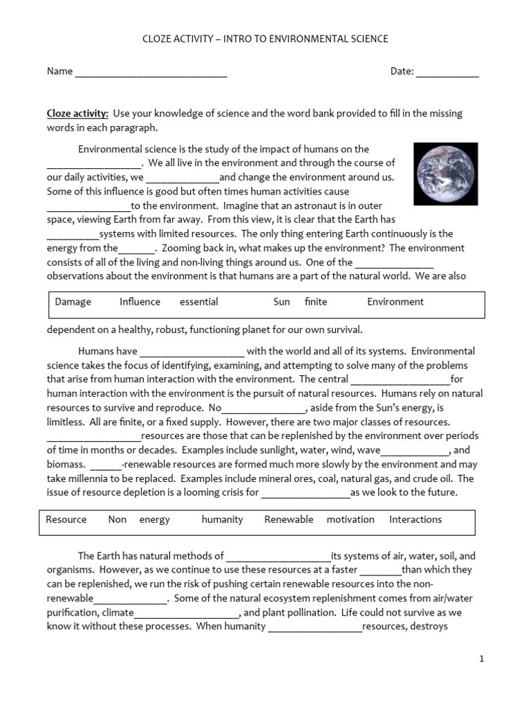 PCH 1 Cloze Introto Env Science | PDF | Natural Environment | Ecosystem