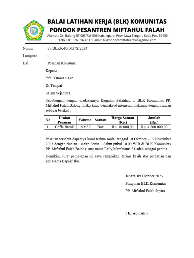 Surat Pesanan Konsumsi 2023 | PDF