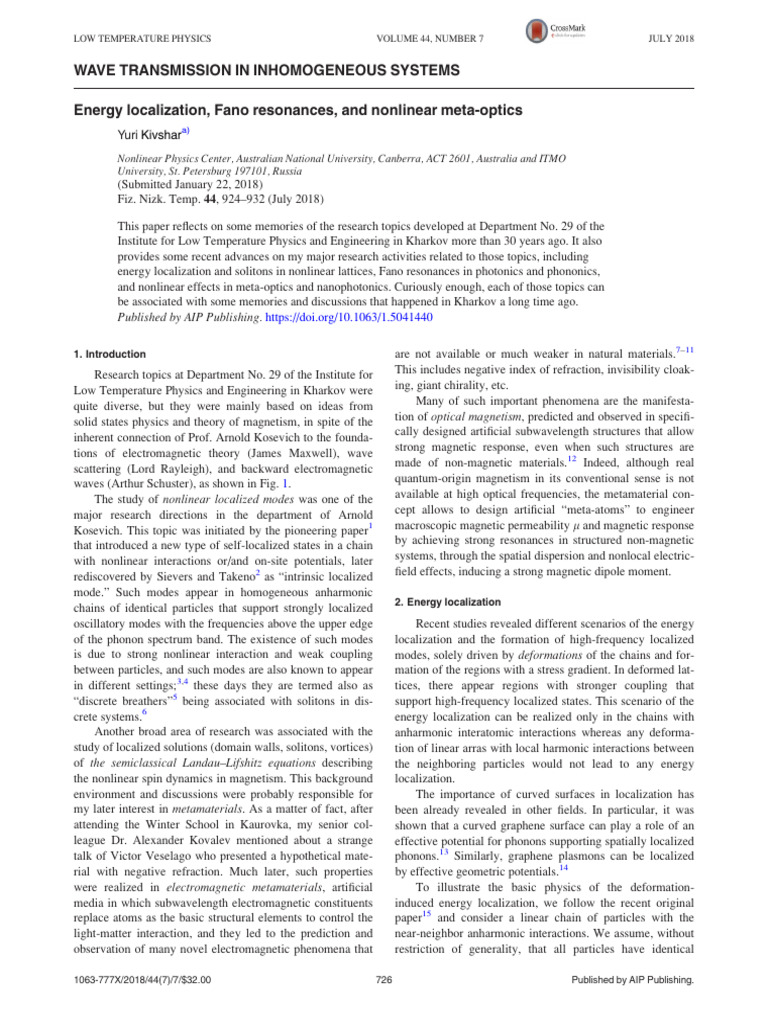 Energy Localization, Fano Resonances, and Nonlinear Meta-Optics | PDF ...