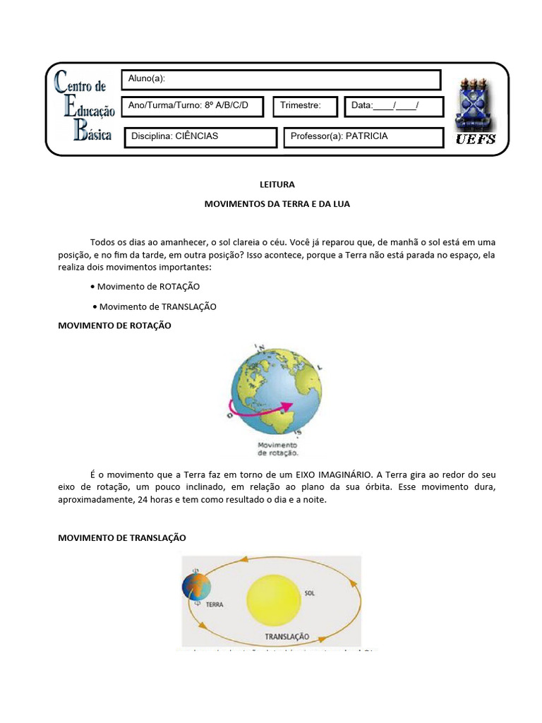 Movimentos Da Terra e Da Lua (Leitura Adaptada) . | PDF | Lua | Mecânica celeste