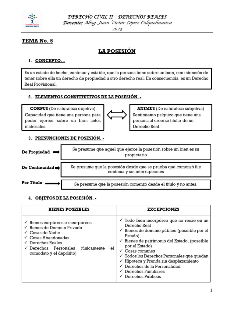 Derecho Civil Ii - Derechos Reales (Upds) - Esquema Del Tema 5 (La Posesión) | PDF | Posesión ...