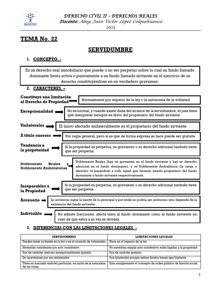 Derecho Civil Ii - Derechos Reales (Upds) - Esquema Del Tema 22 (Servidumbre) | PDF | Propiedad ...