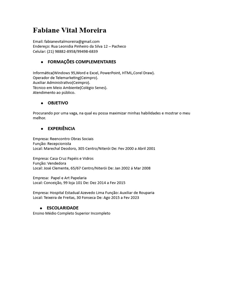 Curriculo de Fabiane | PDF