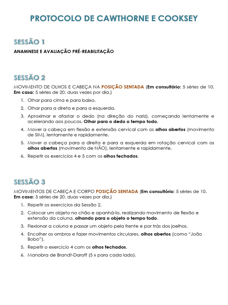 Protocolo Cawthorne e Cooksey para Reabilitação | PDF | Movimentos ...