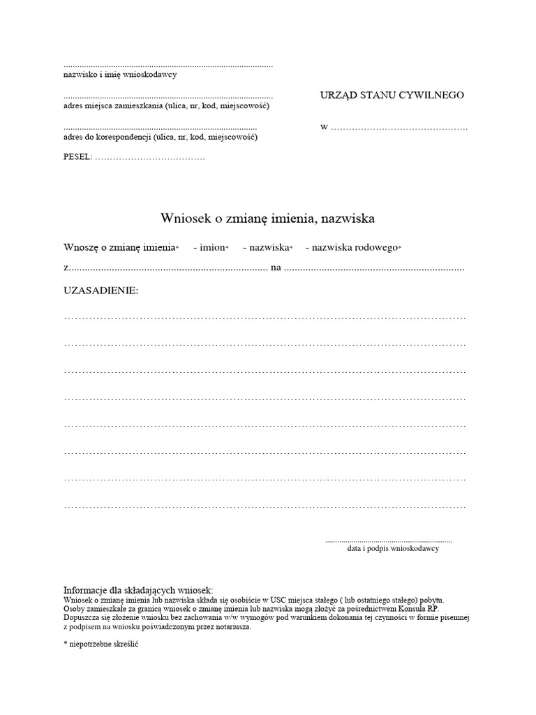 Wniosek o Zmiane Imienia Nazwiska | PDF