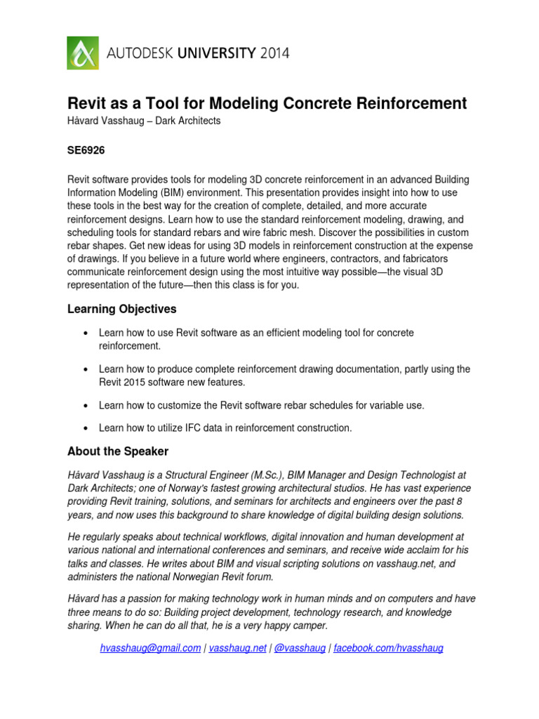 Se6926 Revit As A Tool For Modeling Concrete Reinforcement 1 3 | PDF | Autodesk Revit | Building ...