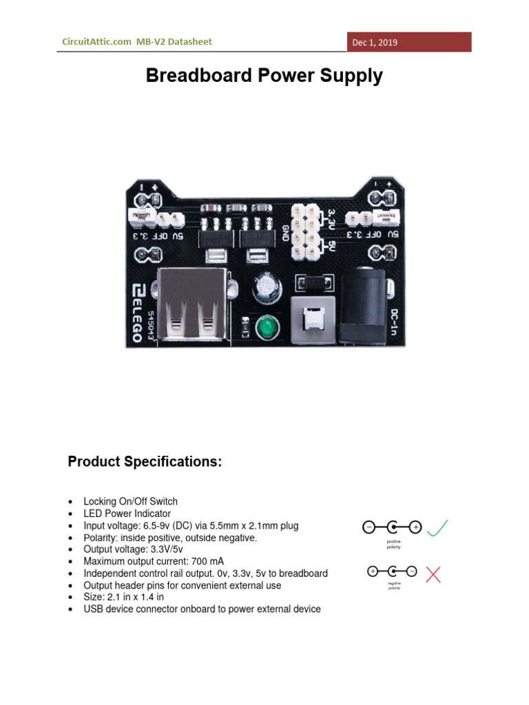 ELEGOO MEGA Kit Breadboard Power Supply Module | PDF