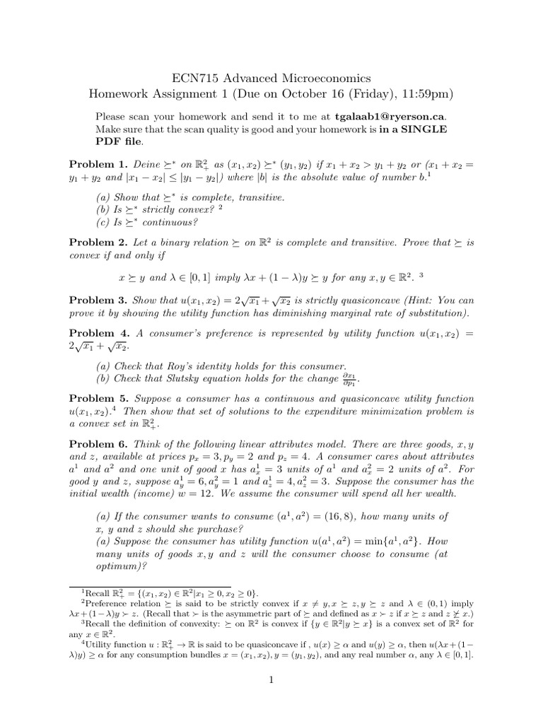 Advanced Microeconomics Homework 1 | PDF | Utility | Microeconomics