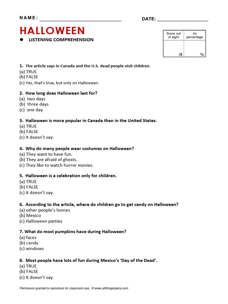 Halloween Listening Comprehension Quiz | PDF