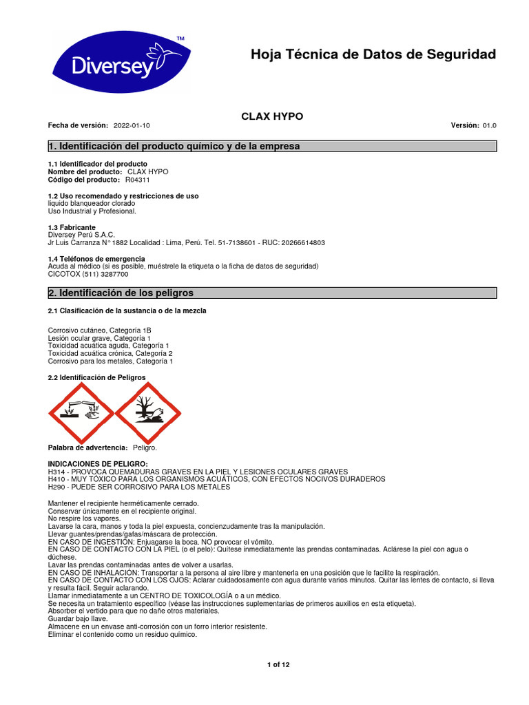 Hoja de Seguridad CLAX HYPO 2022 | PDF | Cloro | Agua