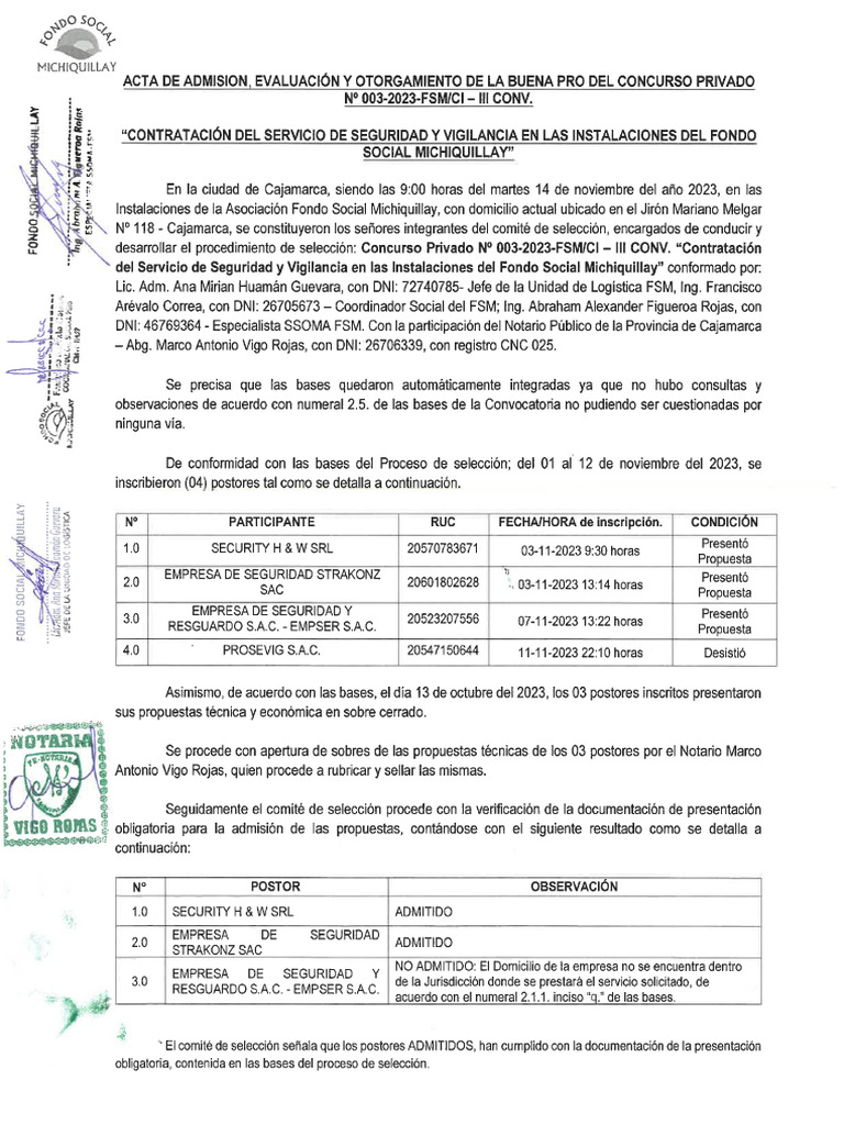 Acta de BUENA PRO CP. #003-2023-FSM-CI-III CONV, Servicio de Seguridad y Vigilancia | PDF