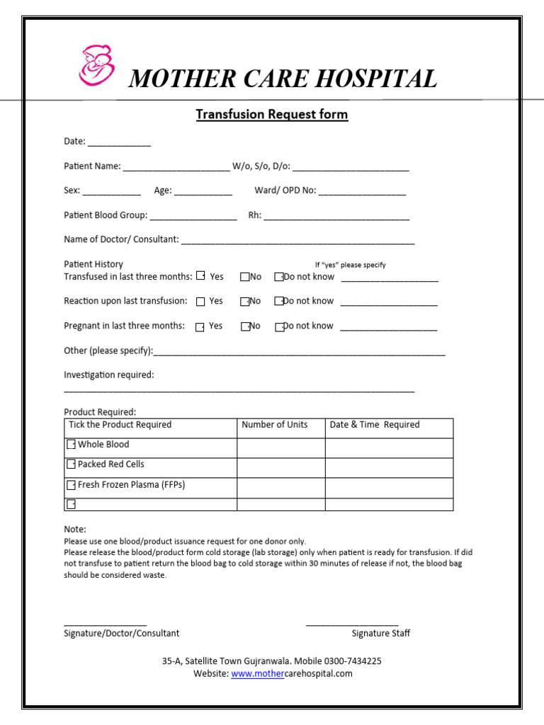Blood Transfusion Request Form Template | PDF | Wellness | Science ...