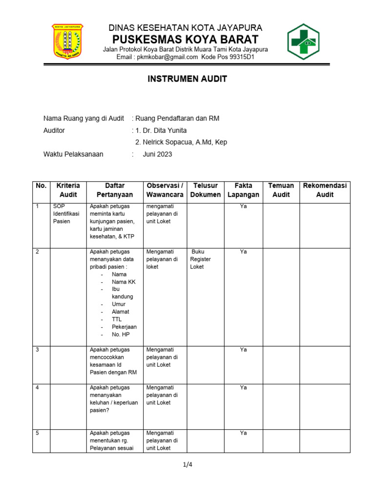 INSTRUMEN AUDIT Identifikasi Pasien Pendaftaran RM | PDF