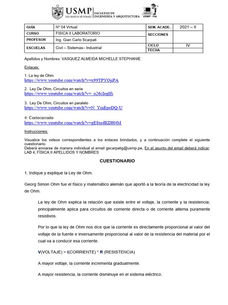 Laboratorio 4 Ley de Ohm - Vasquez Almeida Michelle | PDF | Resistencia ...