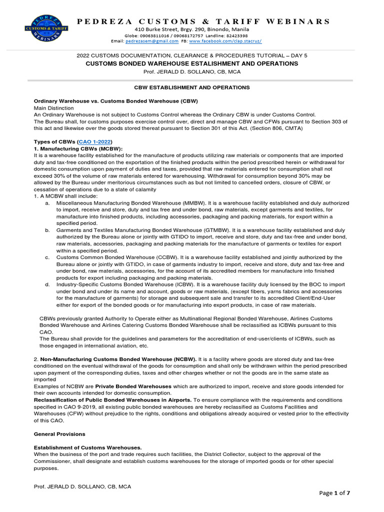 CDP 2022 Tut Day 5 - CBW Operations Handout | PDF | Warehouse | Customs CDP 2022 Tut Day 5 - CBW Operations Handout | PDF | Warehouse | Customs