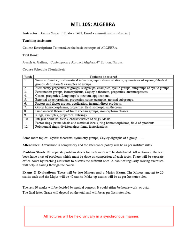 Algebra Course Overview & Schedule | PDF