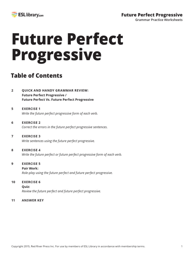 Future Perfect Progressive Grammar Review Exercises Answer Key 91417 ...