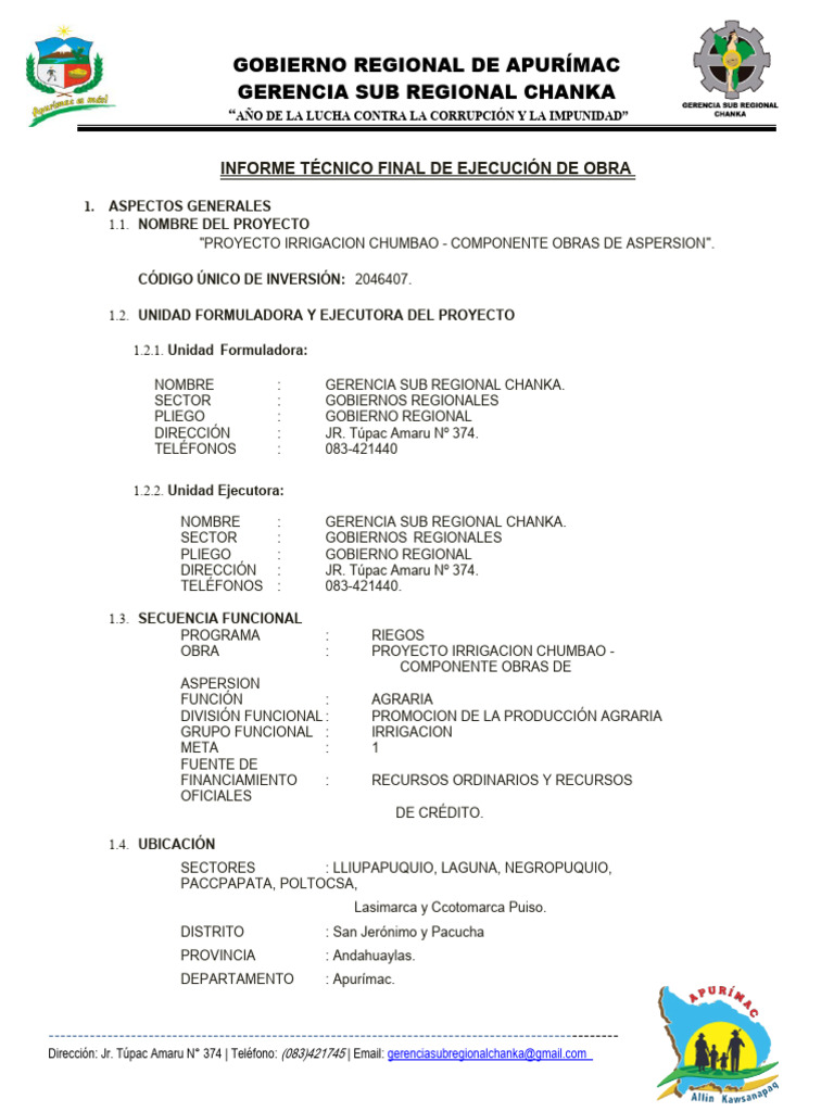 Informe de Corte de Obra Chumbao 2019 | PDF | Riego | Presupuesto