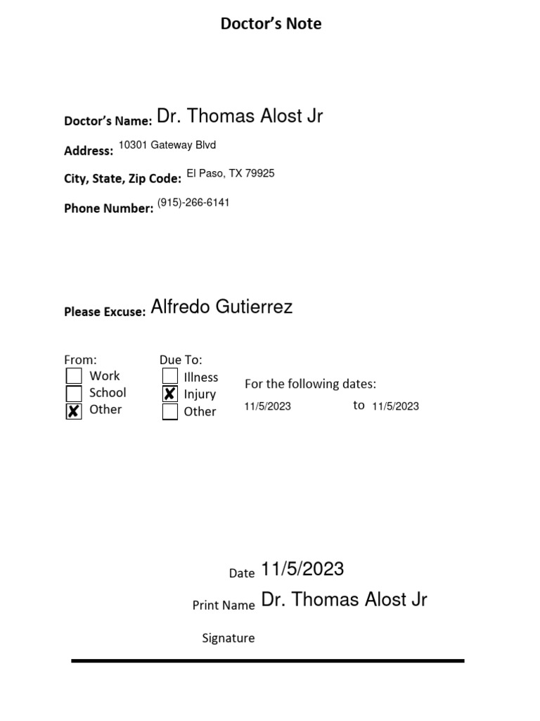 Dr. Thomas Alost JR: Doctor's Note | PDF