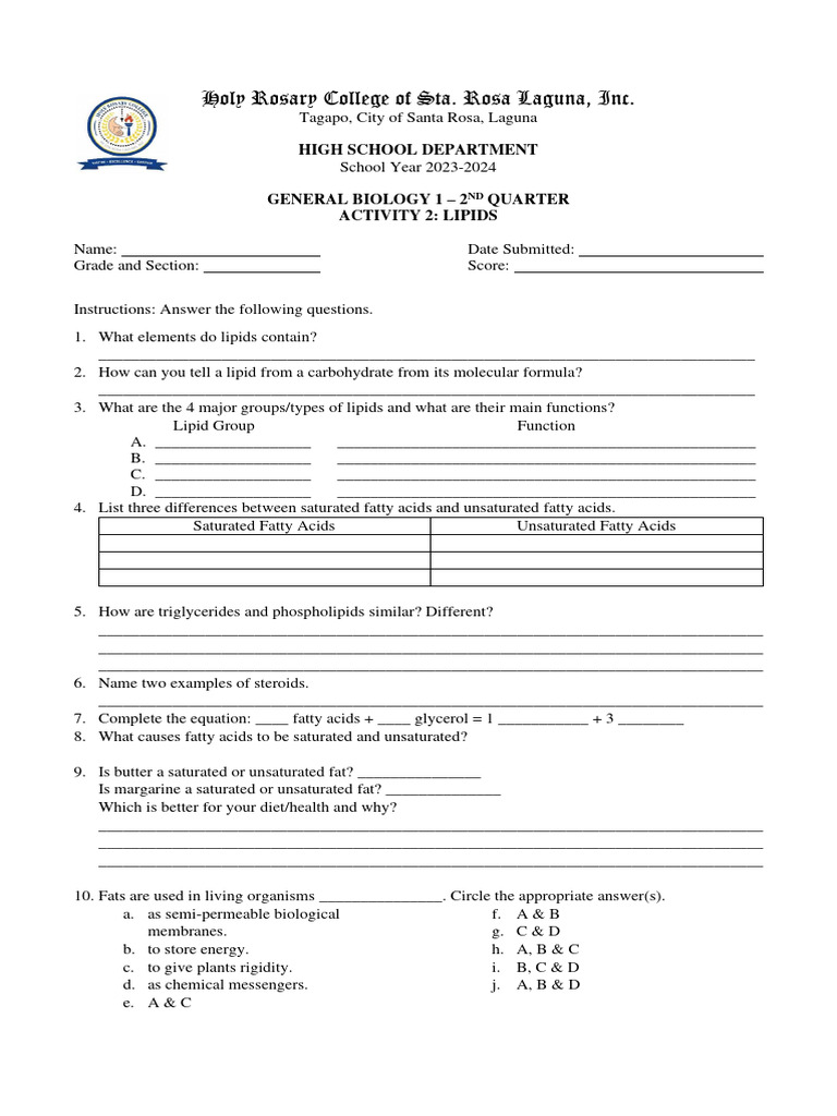 [WORKSHEET] General Biology 1 2nd Quarter Activity 2 - Lipids | PDF ...