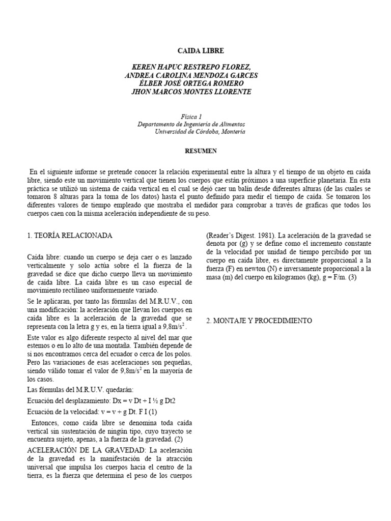 Informe Caida Libre Fisica Final BN | PDF | Medición | Gravedad