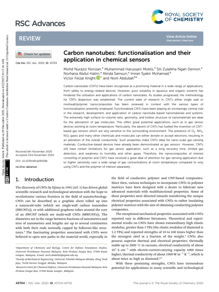 Norizan, M.N Et Al (2020) Carbon Nanotubes Functionalisation and Their Application in Chemical ...