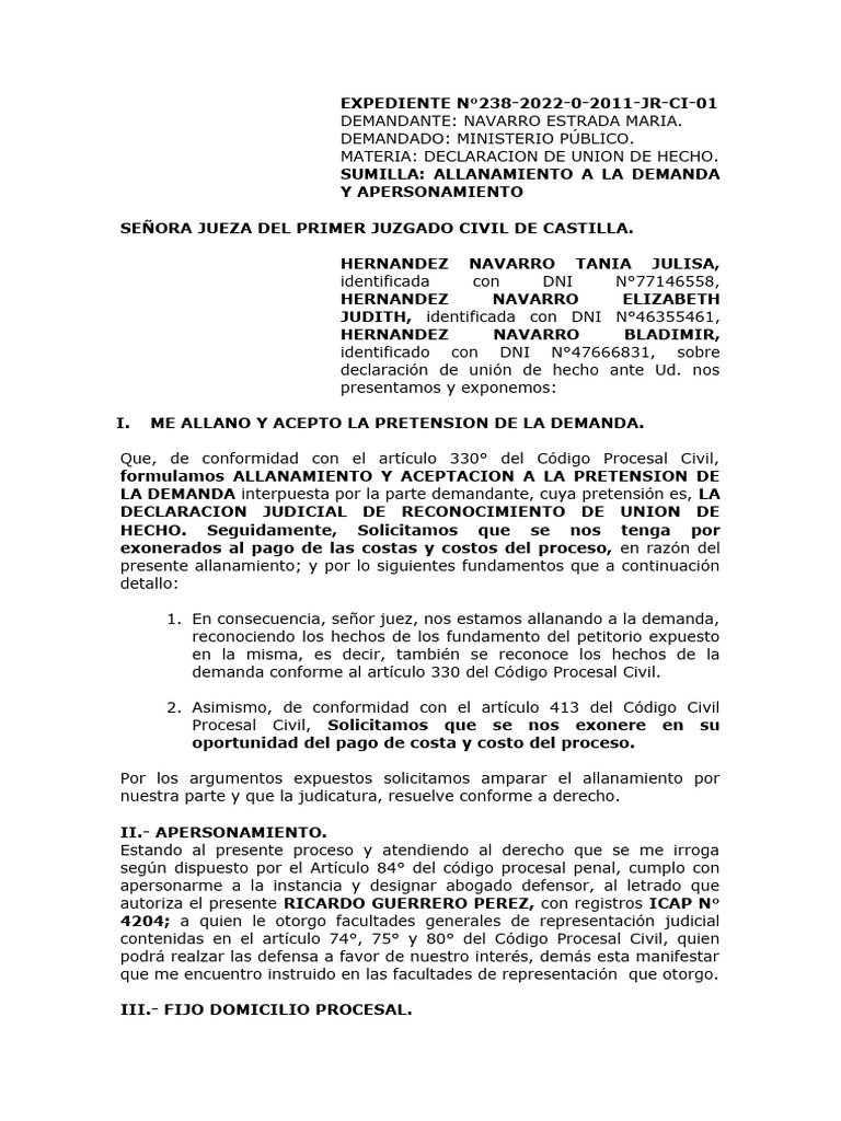 Modelo de Escrito de Allanamiento | Descargar gratis PDF | Demanda judicial | Ley procesal