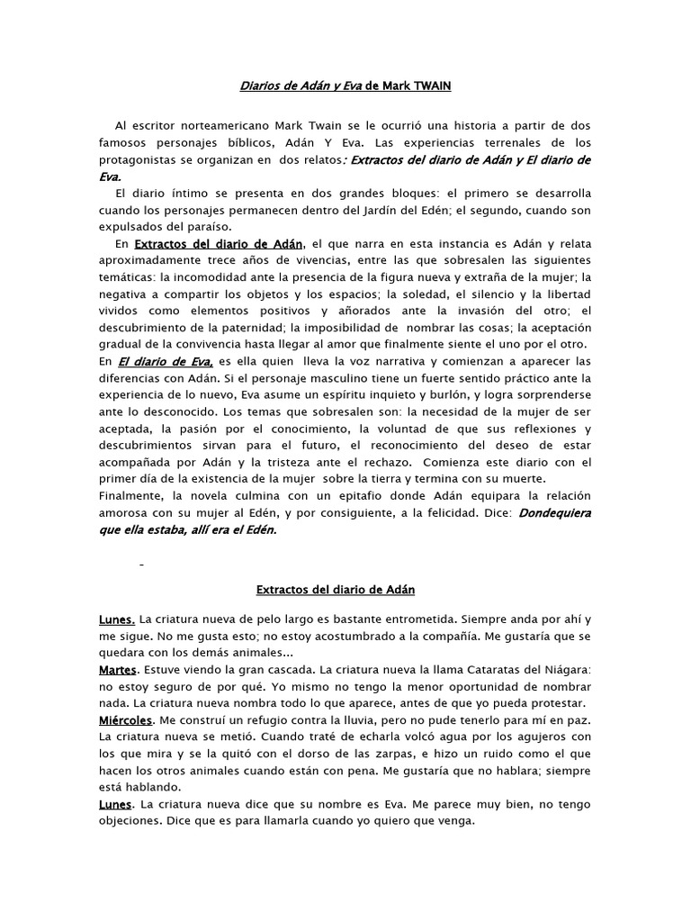Diarios de Adán y Eva de Mark TWAIN | PDF | Adán y Eva | Víspera
