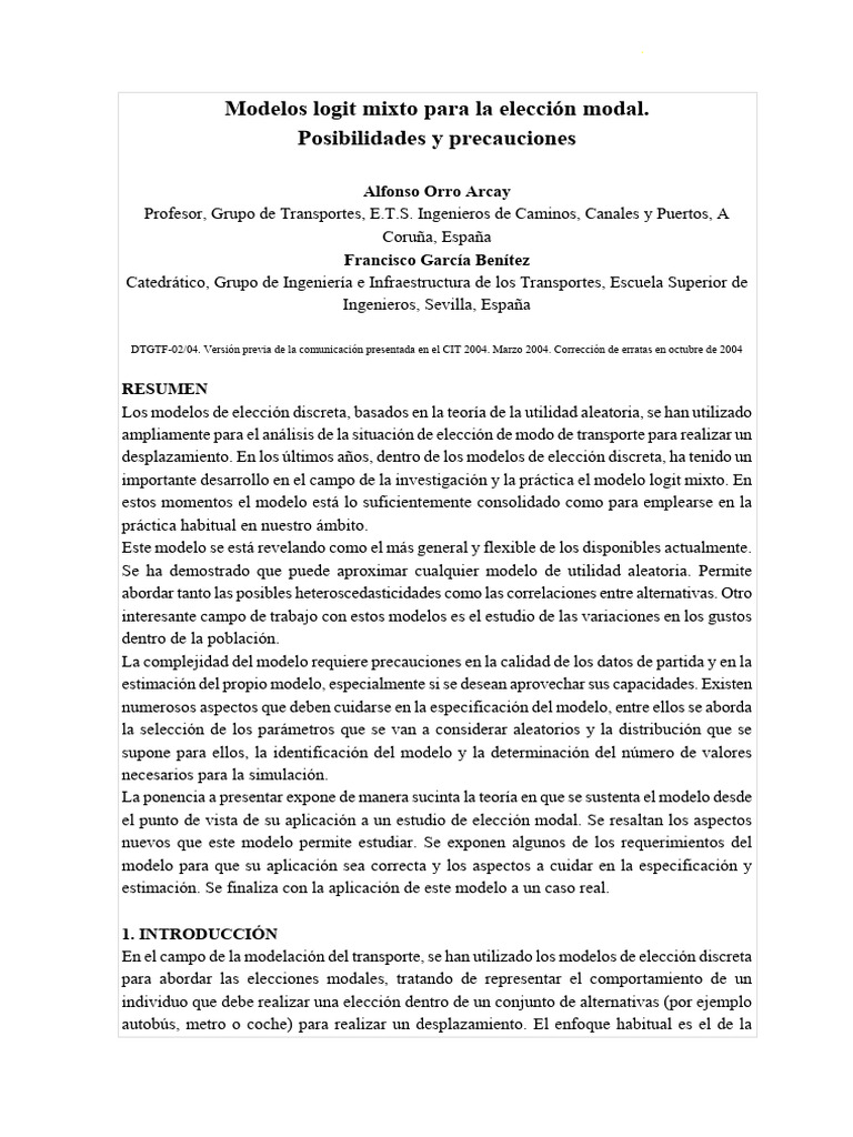 Modelos Logit Mixto para La Elección Modal. | PDF | Diferencia | Covarianza