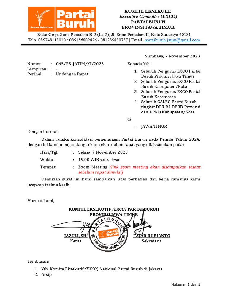 Undangan Rapat Konsolidasi Partai Buruh | PDF