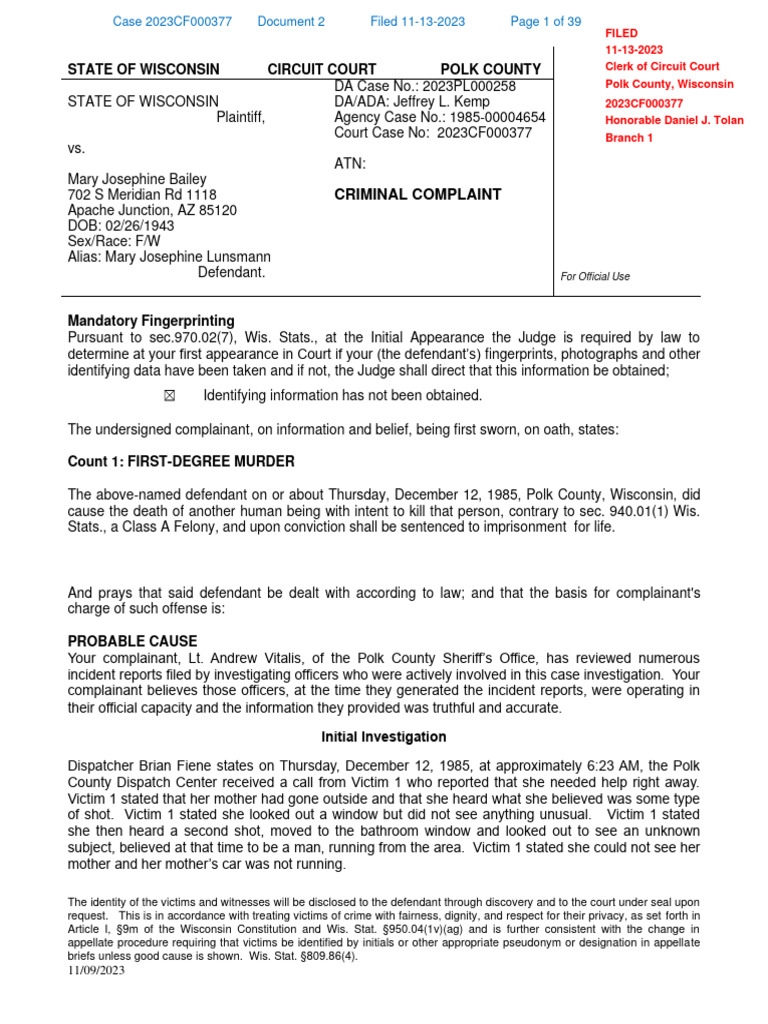 Criminal Complaint Charging Mary Josephine Bailey With 1st Degree Murder | PDF | Wisconsin ...